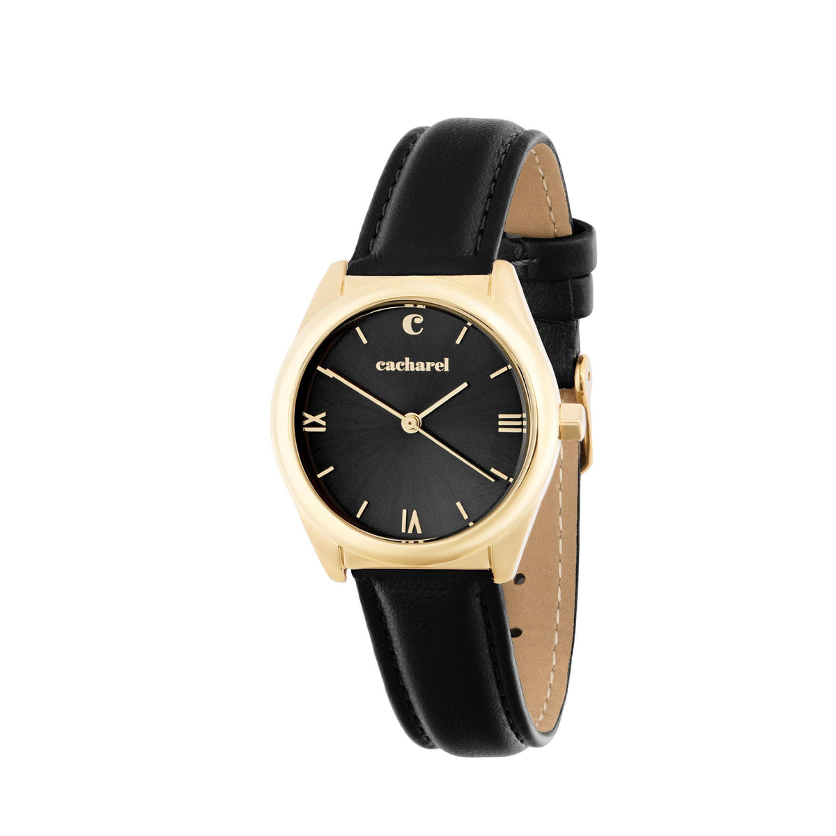 CACHAREL gold-plated watches Vivienne with black dial & leather strap ...