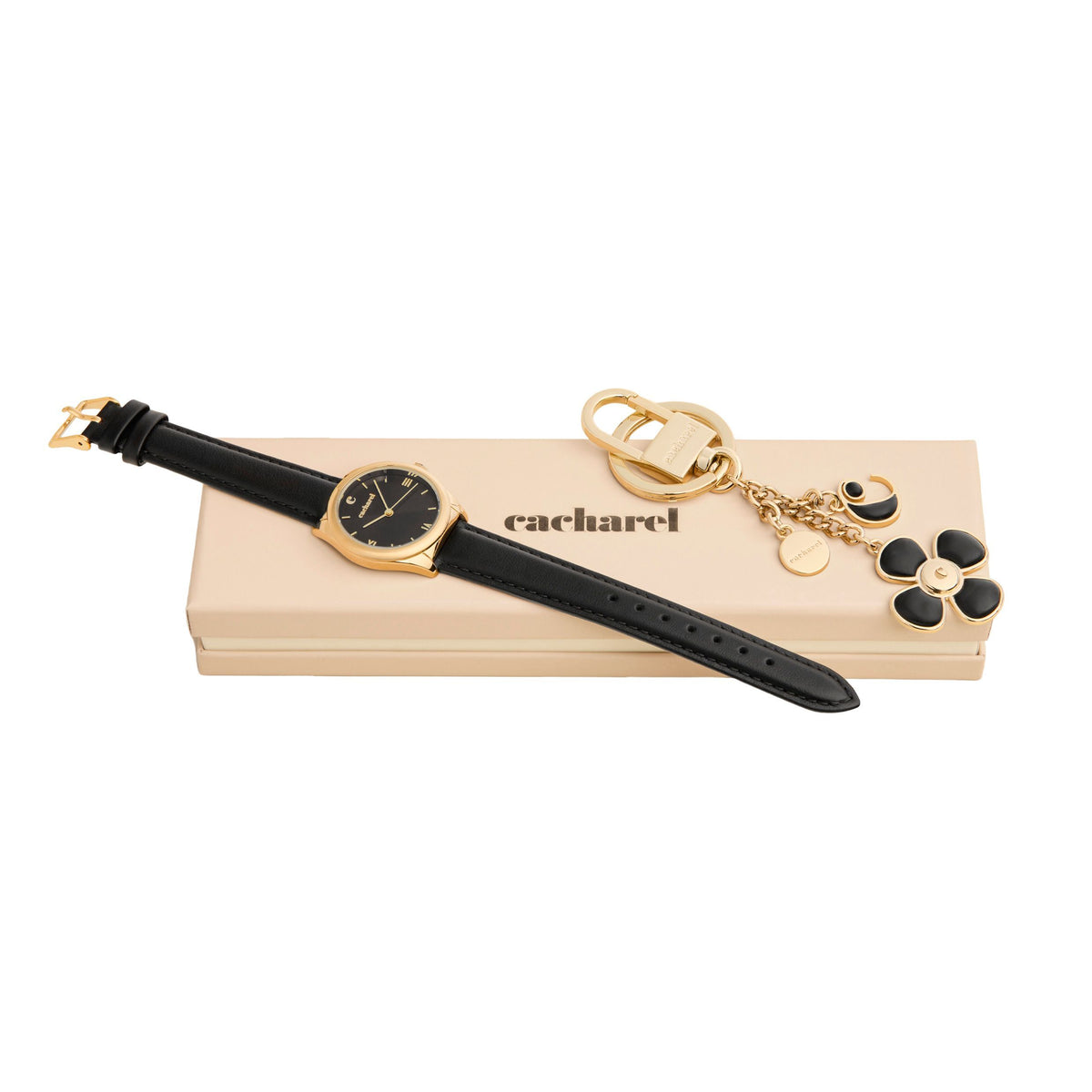 Sets with CACHAREL gold-plated key ring & black strap watch Vivienne ...