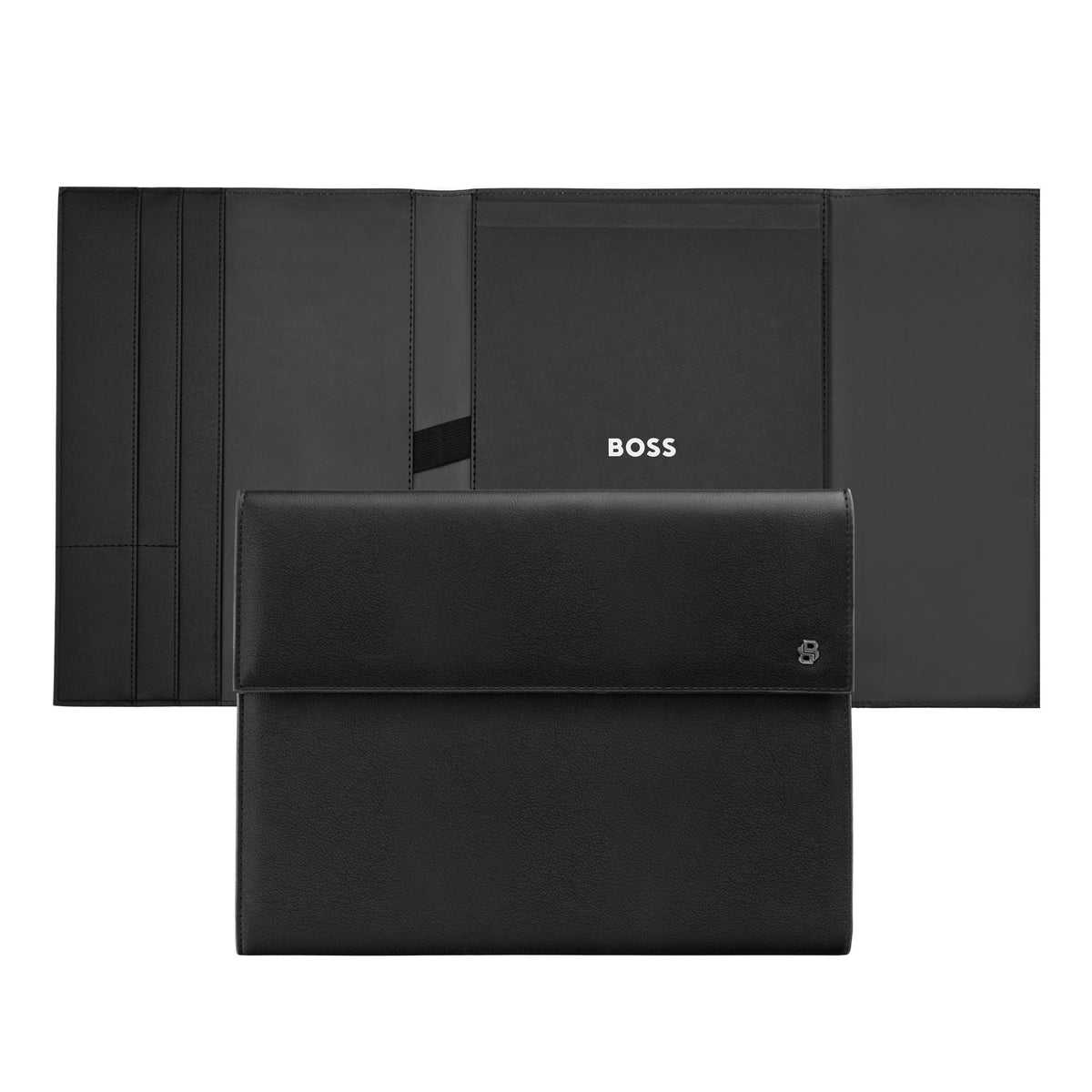 BOSS black faux leather A4 Folder with gun-metal plated Double B logo ...