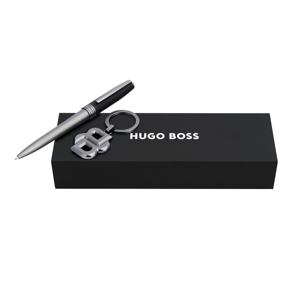 Set with BOSS black rubberized ballpoint pen & gun-metal plated key ...