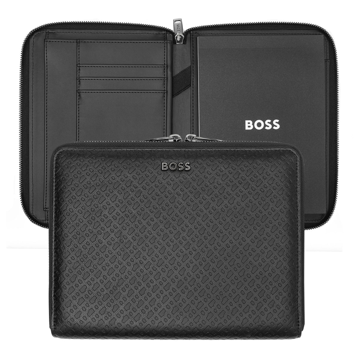 BOSS Black A5 zipped Conference folder in monogram patten & metal plate ...