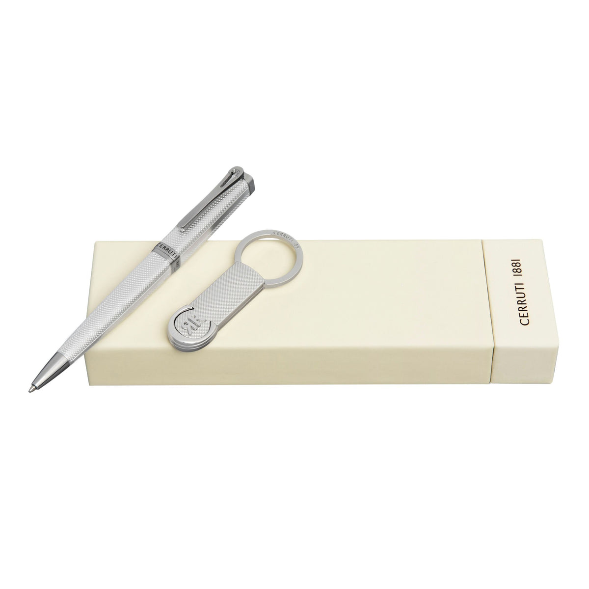 Set with CERRUTI 1881 chrome-plated ballpoint pen & key ring w/CRR logo ...